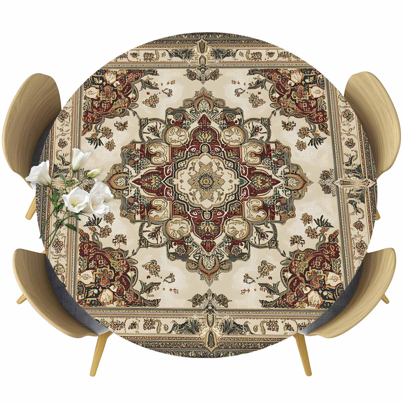 Brown Floral Round Tablecloth 45-54 Inch Round Fitted Table Cloth with ...