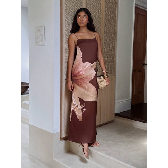 Brown Floral Satin Slip Maxi Dress With Spaghetti Straps Empire Waist ...