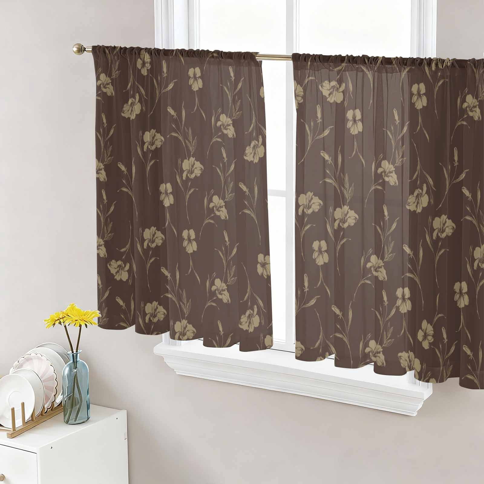 Brown Floral Sheer Curtains 54 Inch Length 2 Panels Set, Vintage Spring ...
