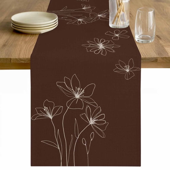 Brown Floral Table Runner - 108 Inch Long Spring Flower Cotton and ...