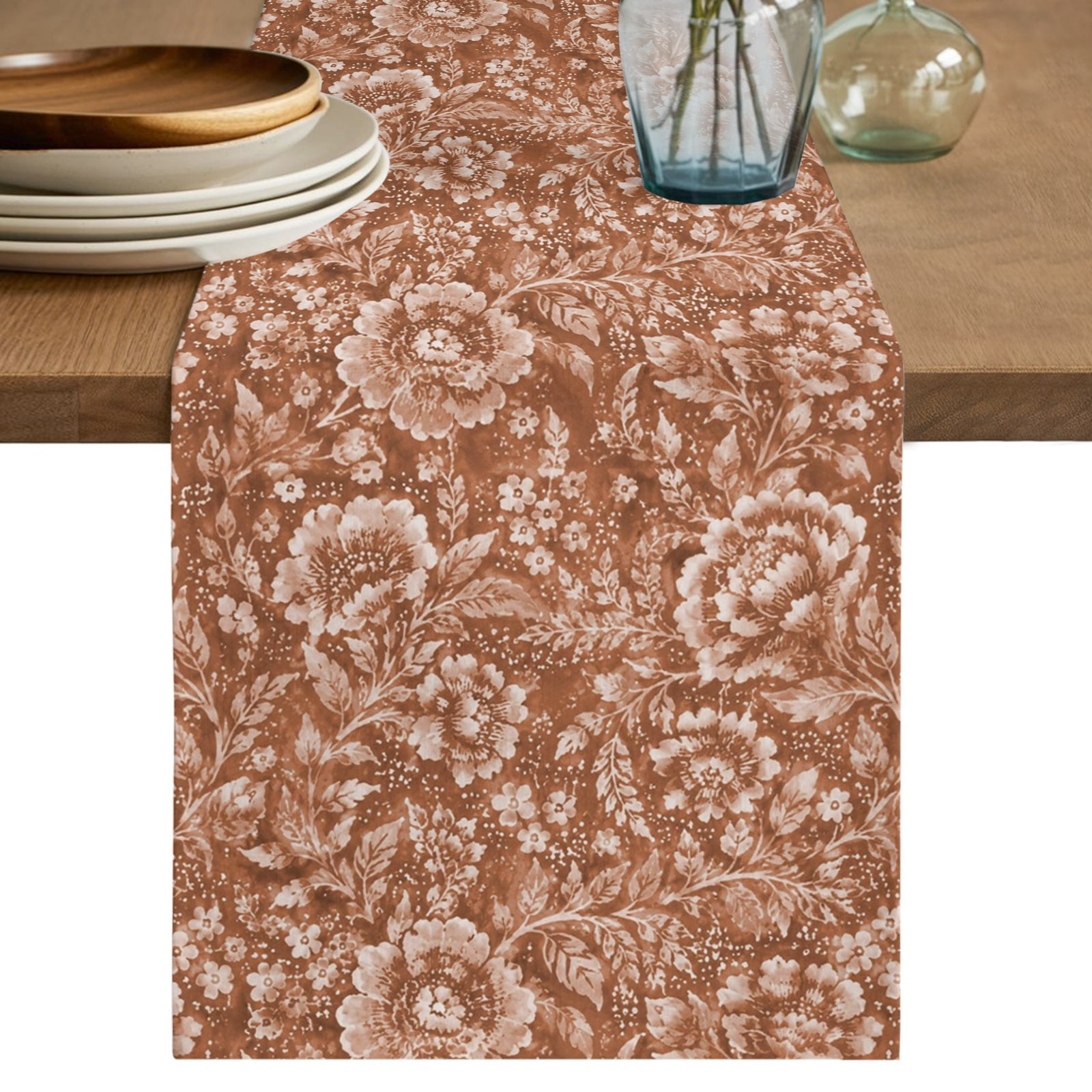 Brown Floral Table Runner, Country Vintage Farmhouse Botanical Pastoral ...