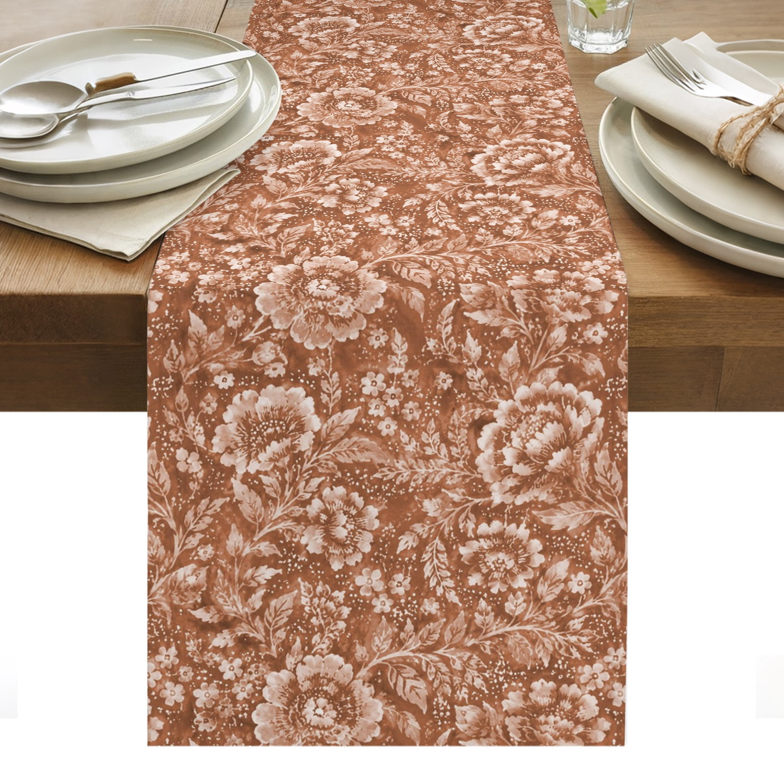 Brown Floral Table Runner, Country Vintage Farmhouse Botanical Pastoral ...