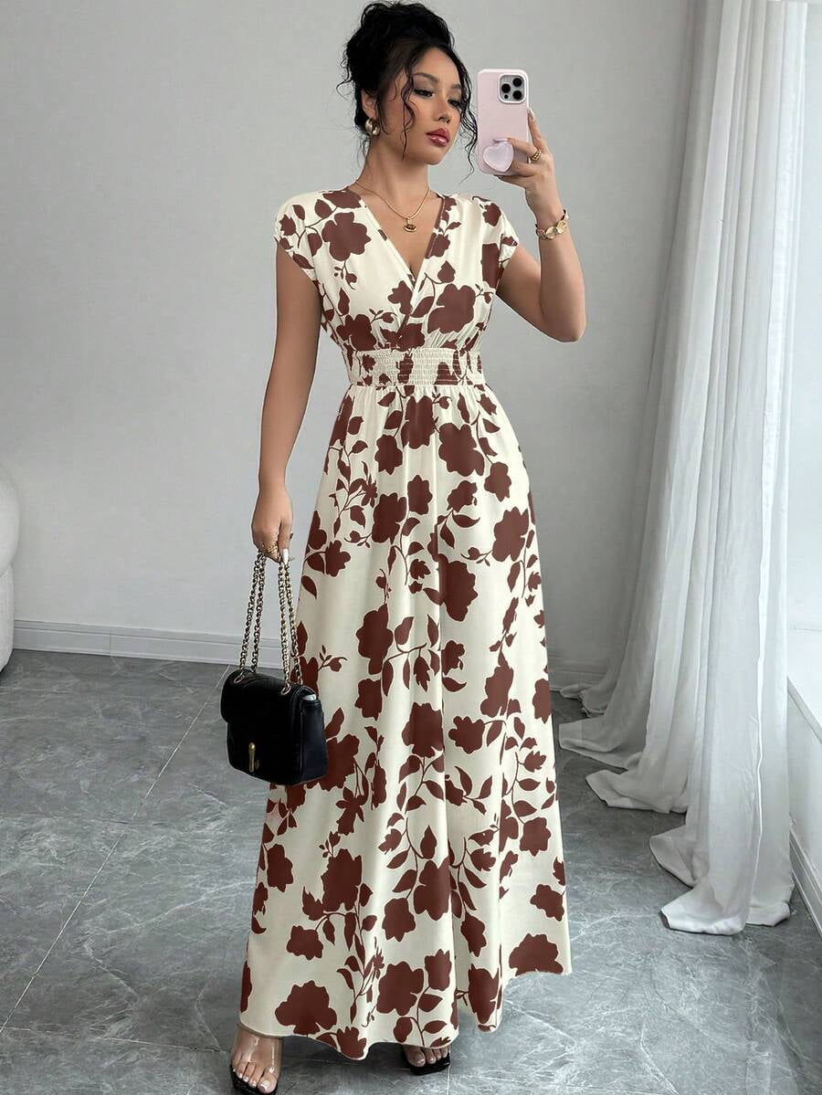 Brown Floral V-Neck Crossover Wrap Maxi Dress With Smocked Waist ...