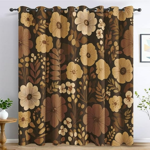 Brown Flower Blackout Curtains for Bedroom, Thermal Vintage Floral ...