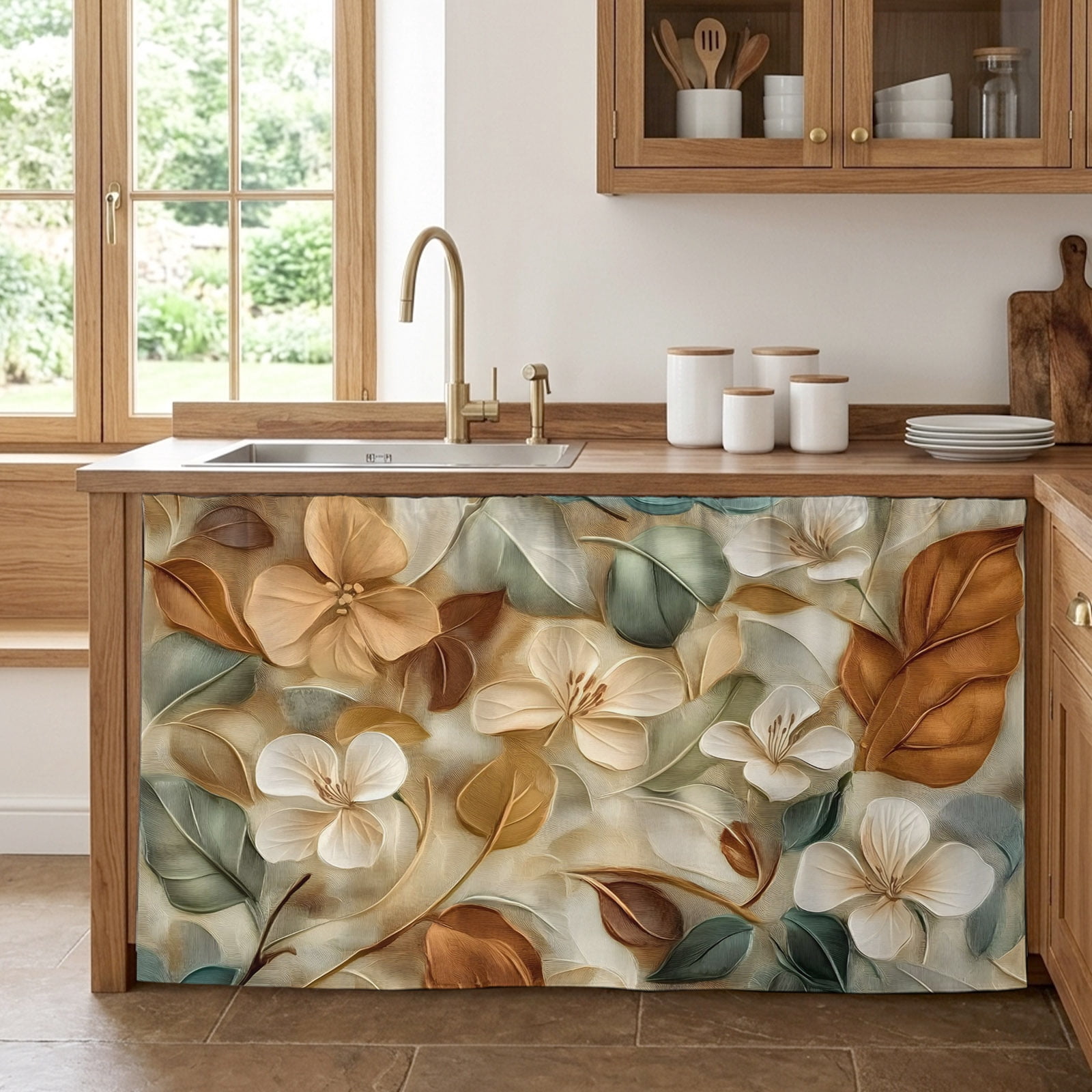 Brown Flower Branch Cabinet Curtains 28" W x 51" L Leaves Plant Retro ...