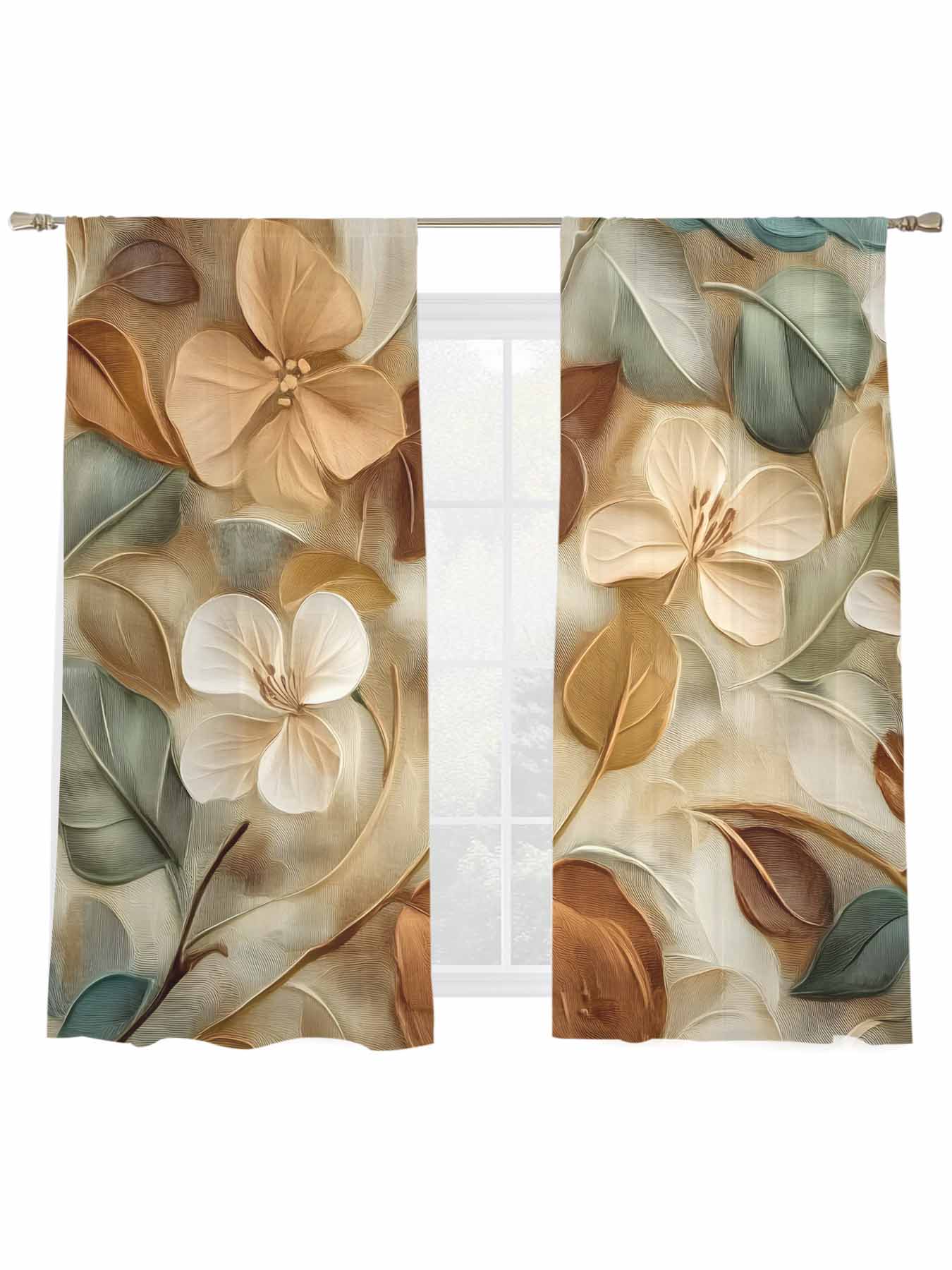 Brown Flower Branch Sheer Curtains for Living Room Bedroom, Light ...
