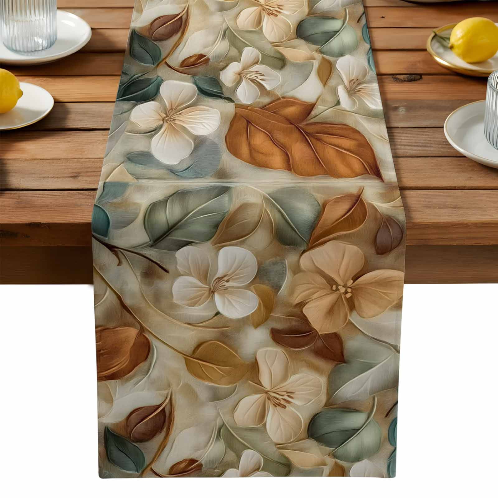 Brown Flower Branch Table Runner, Leaves Plant Retro Farmhouse Kitchen ...