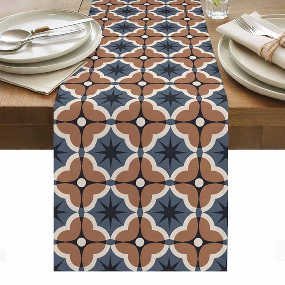 Brown Flower Cotton Linen Table Runner Vintage Blue Color Blocks ...