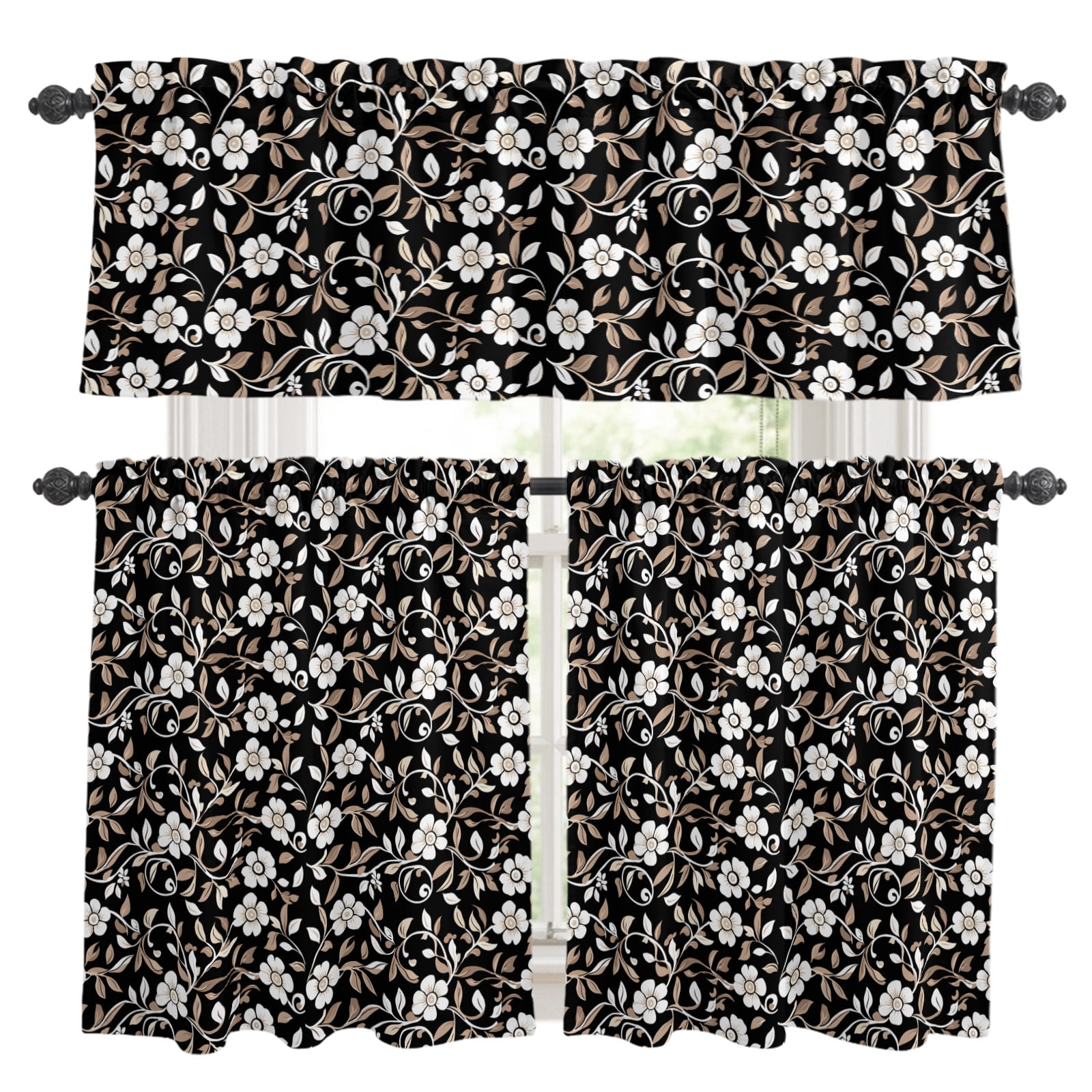 Brown Flower Kitchen Curtains Set for Windows, Country Retro Pastoral ...