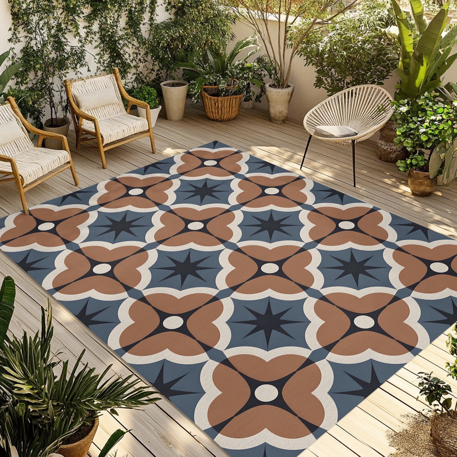 Brown Flower Outdoor Rug, Vintage Blue Color Blocks Abstract Modern Non ...