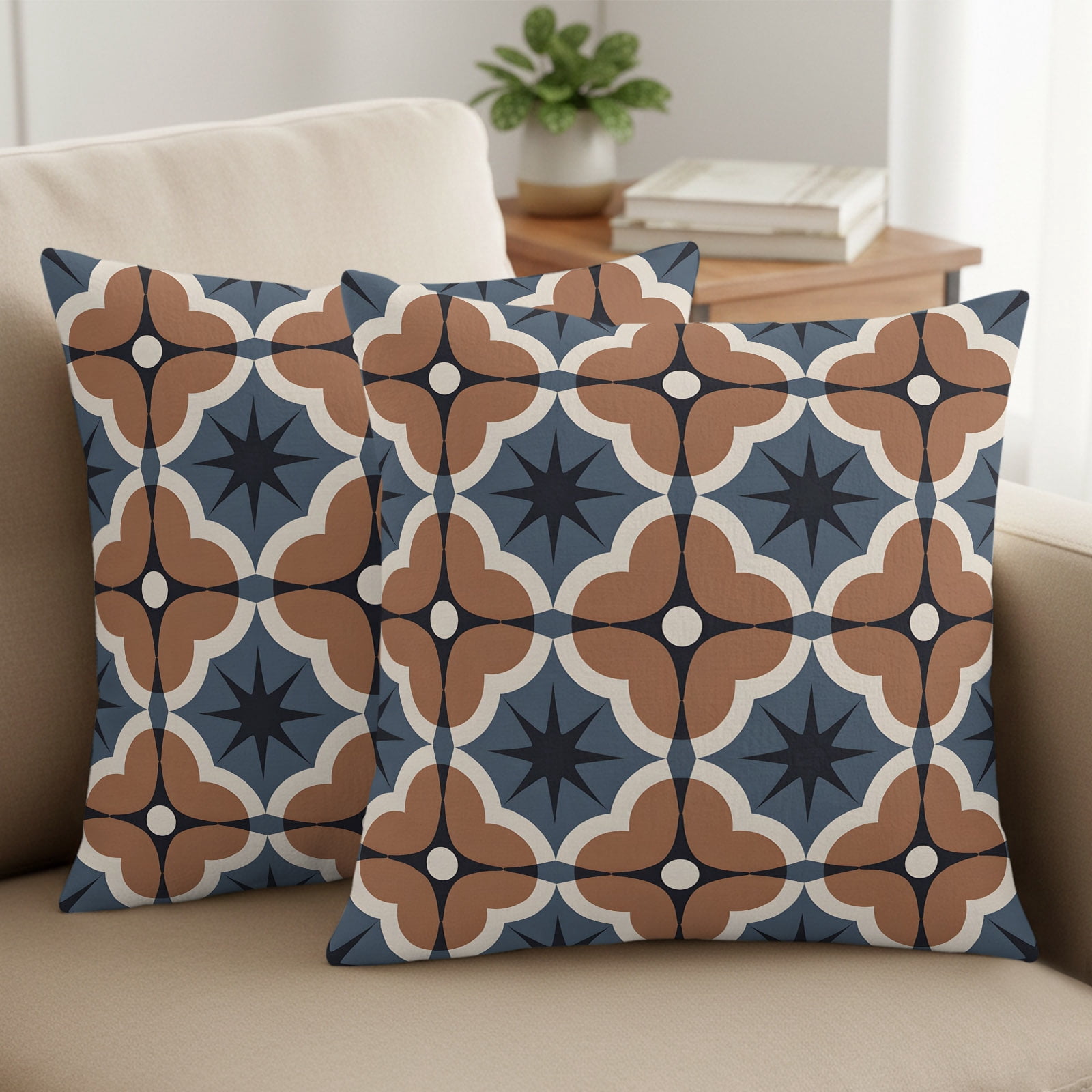 Brown Flower Pillow Covers Set of 2, Vintage Blue Color Blocks Abstract ...