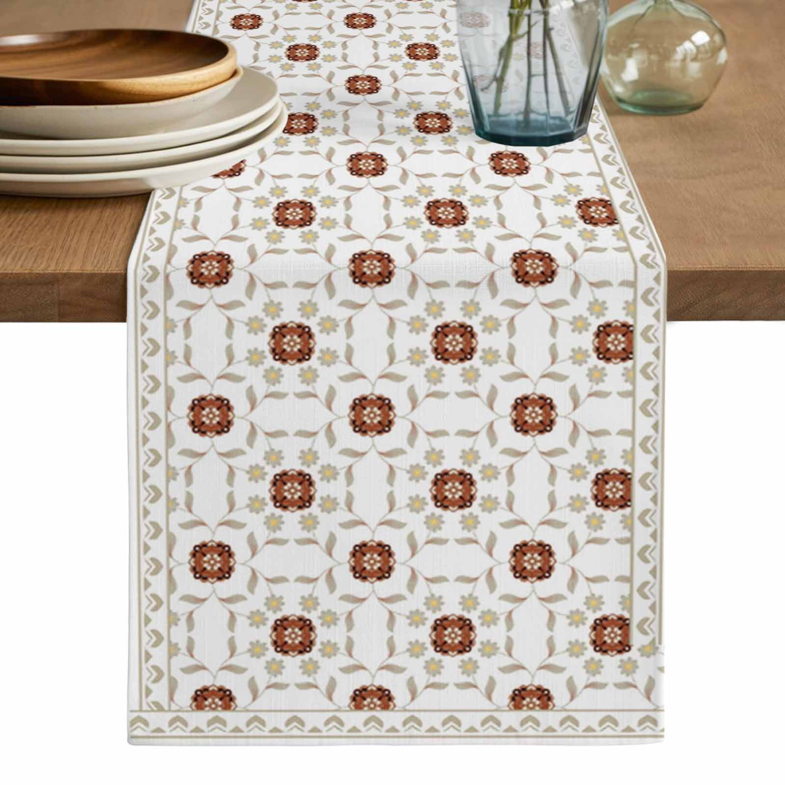 Brown Flower Table Runner, Spring Floral Modern Geometric Abstract Art ...