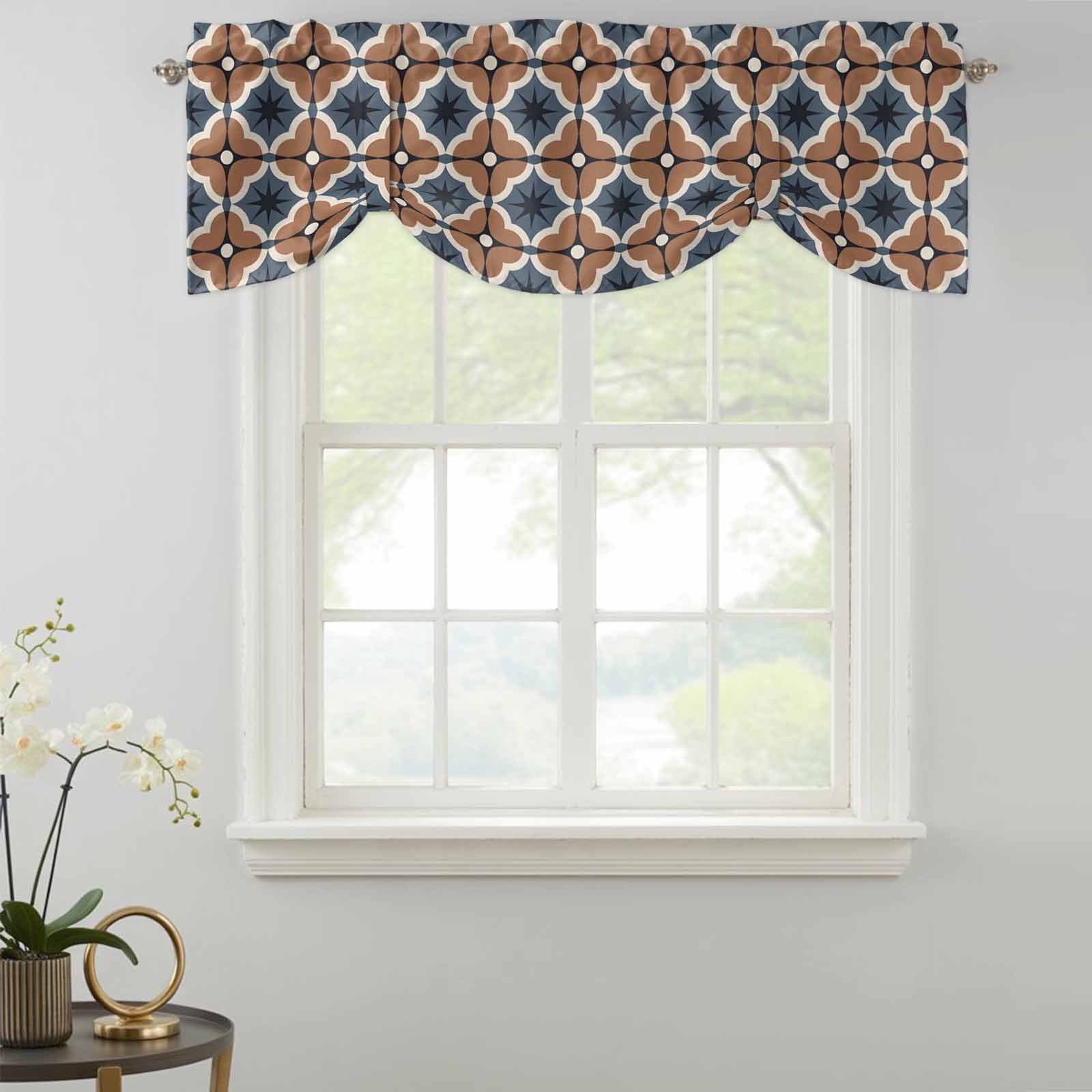 Brown Flower Tie Up Valances Curtain, Vintage Blue Color Blocks ...