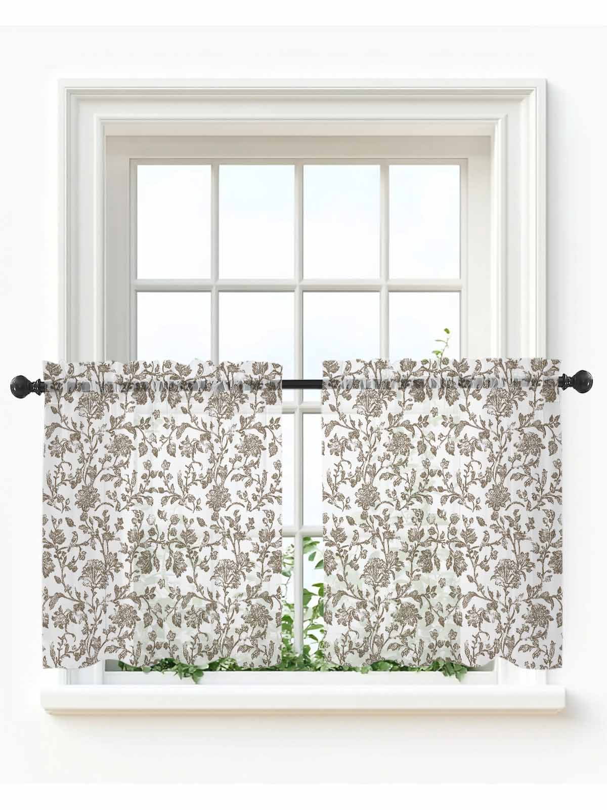Brown Flower Tier Curtains 24 Inch Length,Sheer Curtains for Bedroom ...
