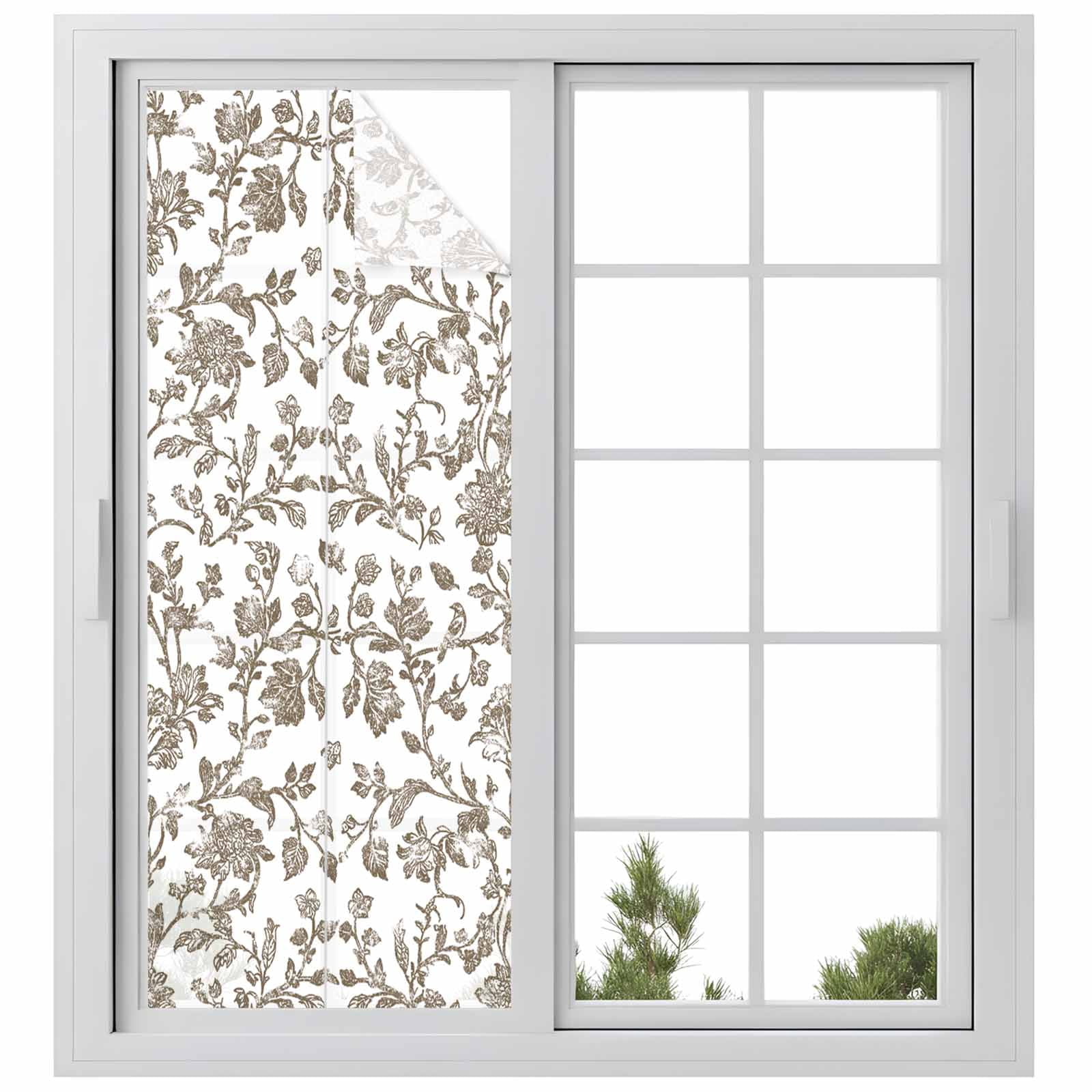 Brown Flower Window Privacy Film, Vintage Farmhouse Boho Leaf Spring ...