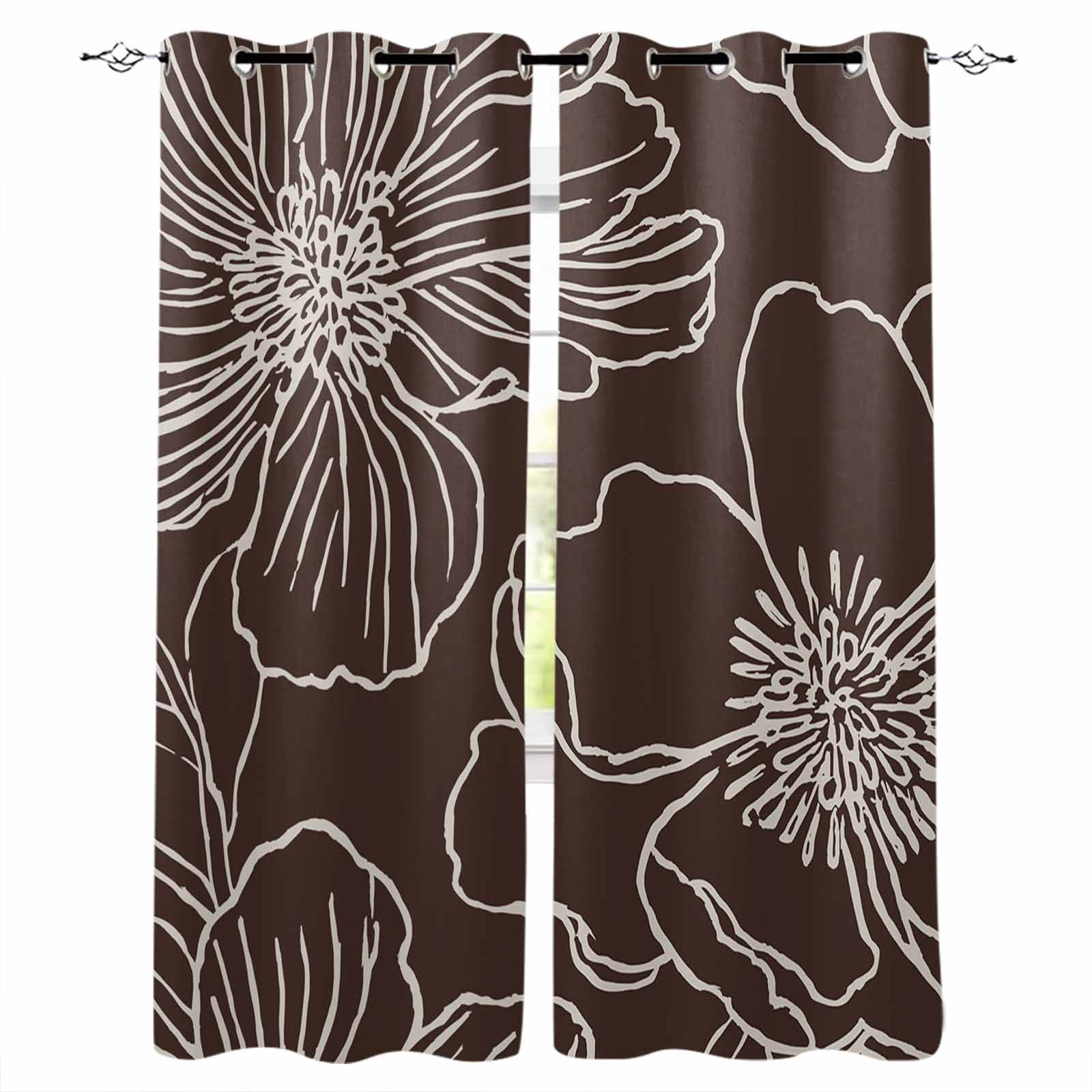 Brown Flowers Blackout Curtains for Bedroom, Thermal Insulated Window ...