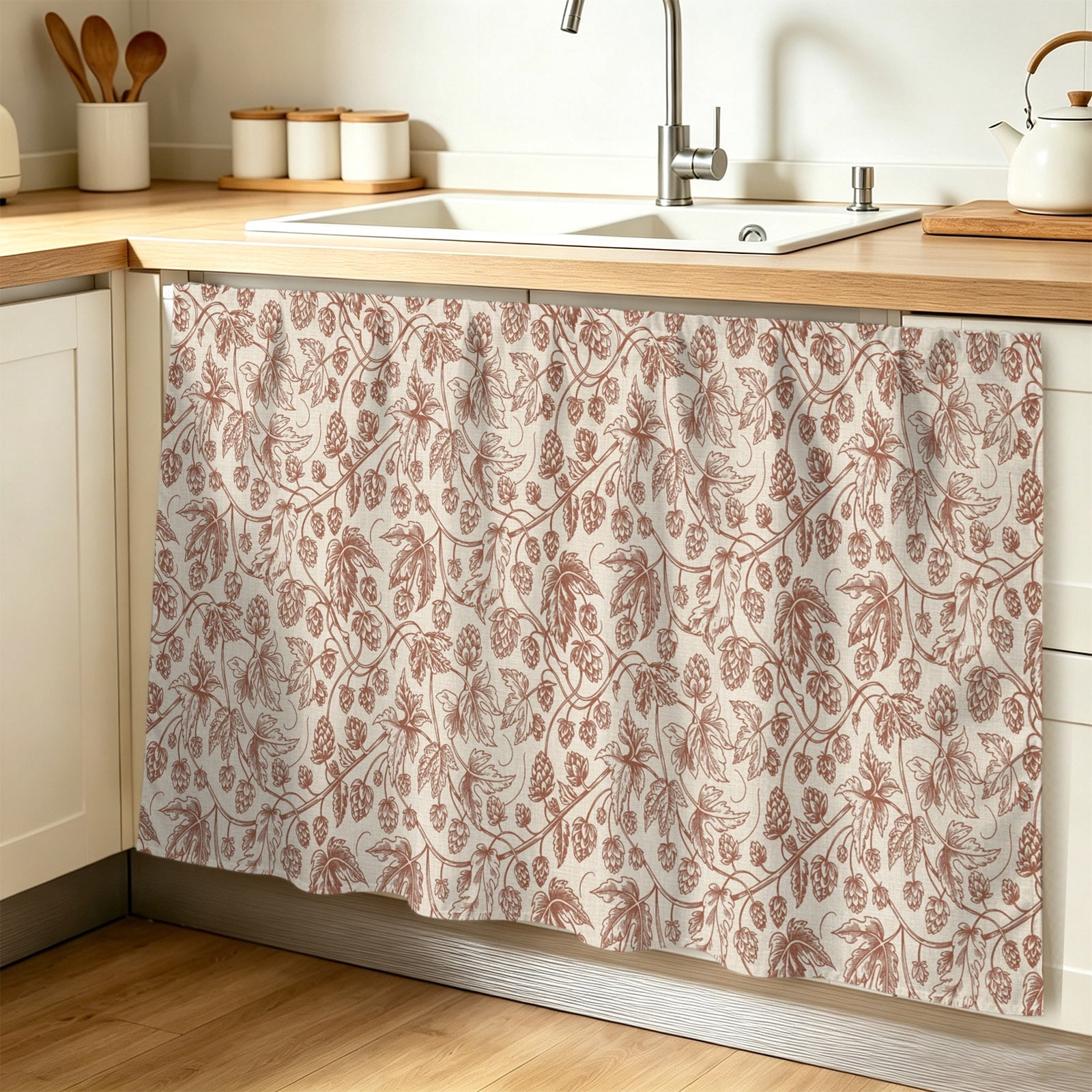 Brown Flowers Cabinet Curtains for Shelves, Vintage Farmhouse Floral ...
