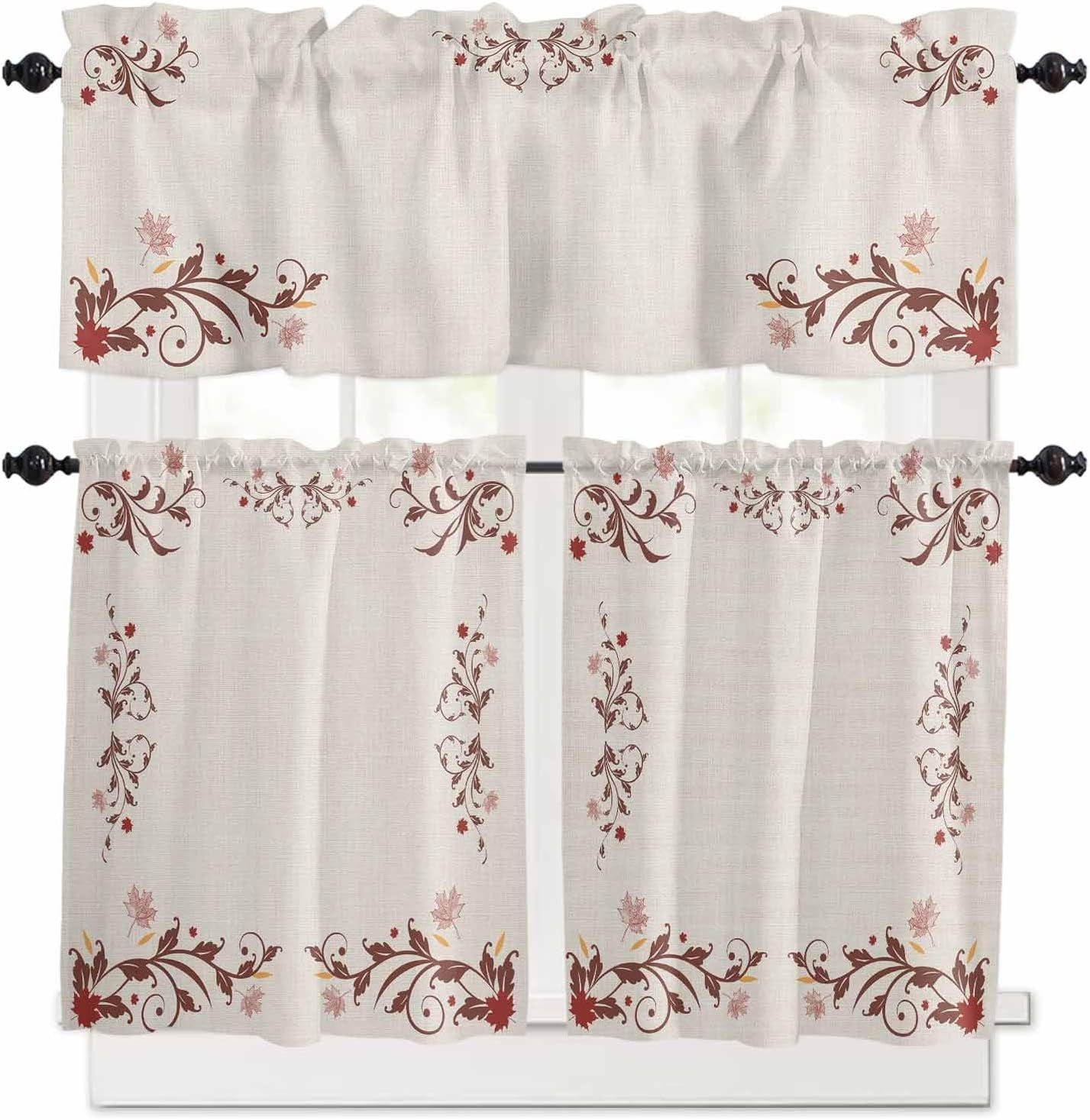 Brown Flowers Kitchen Curtains and Valances Set, Rod Pocket Curtains ...