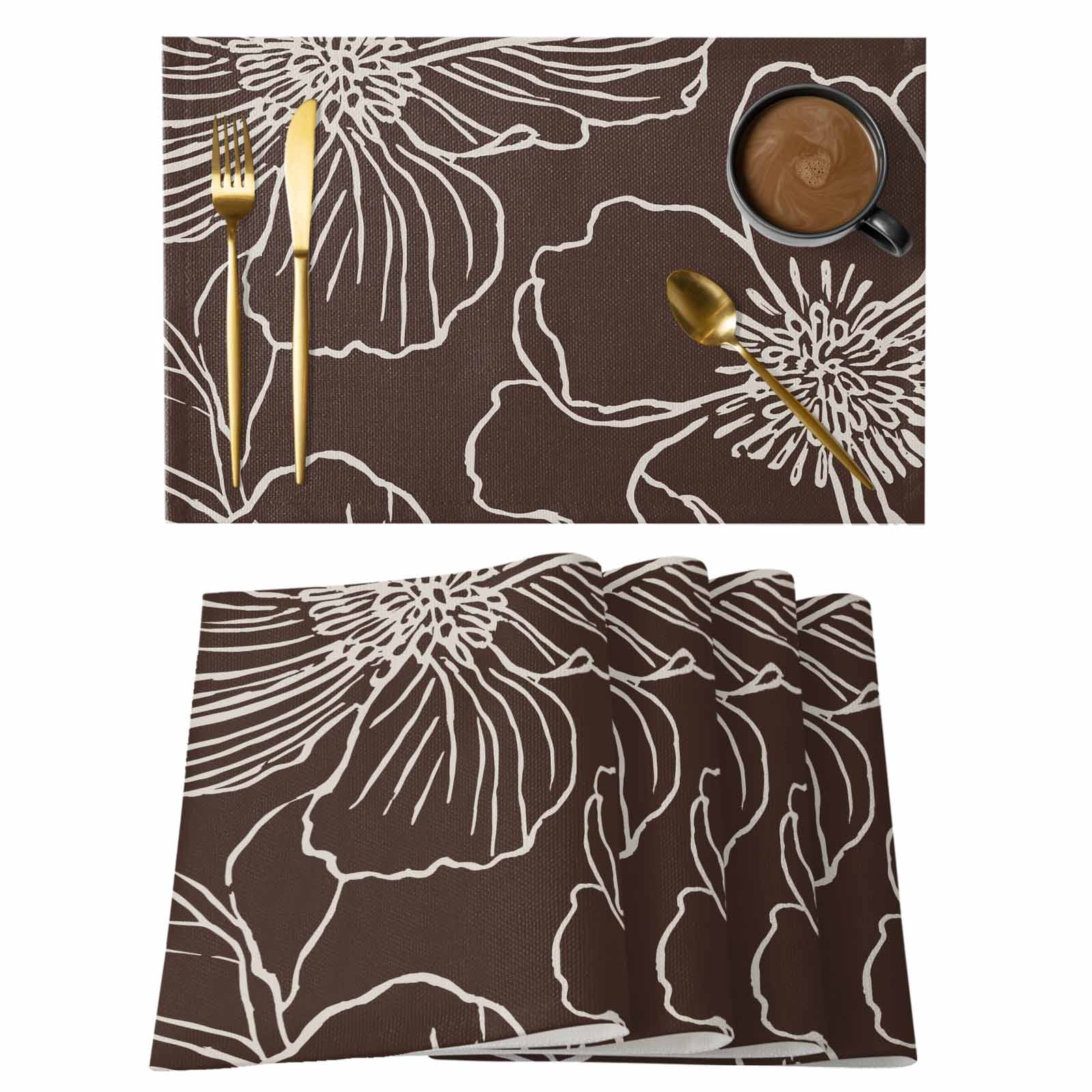 Brown Flowers Placemats Set of 6, Spring Floral Botanical Modern Art ...