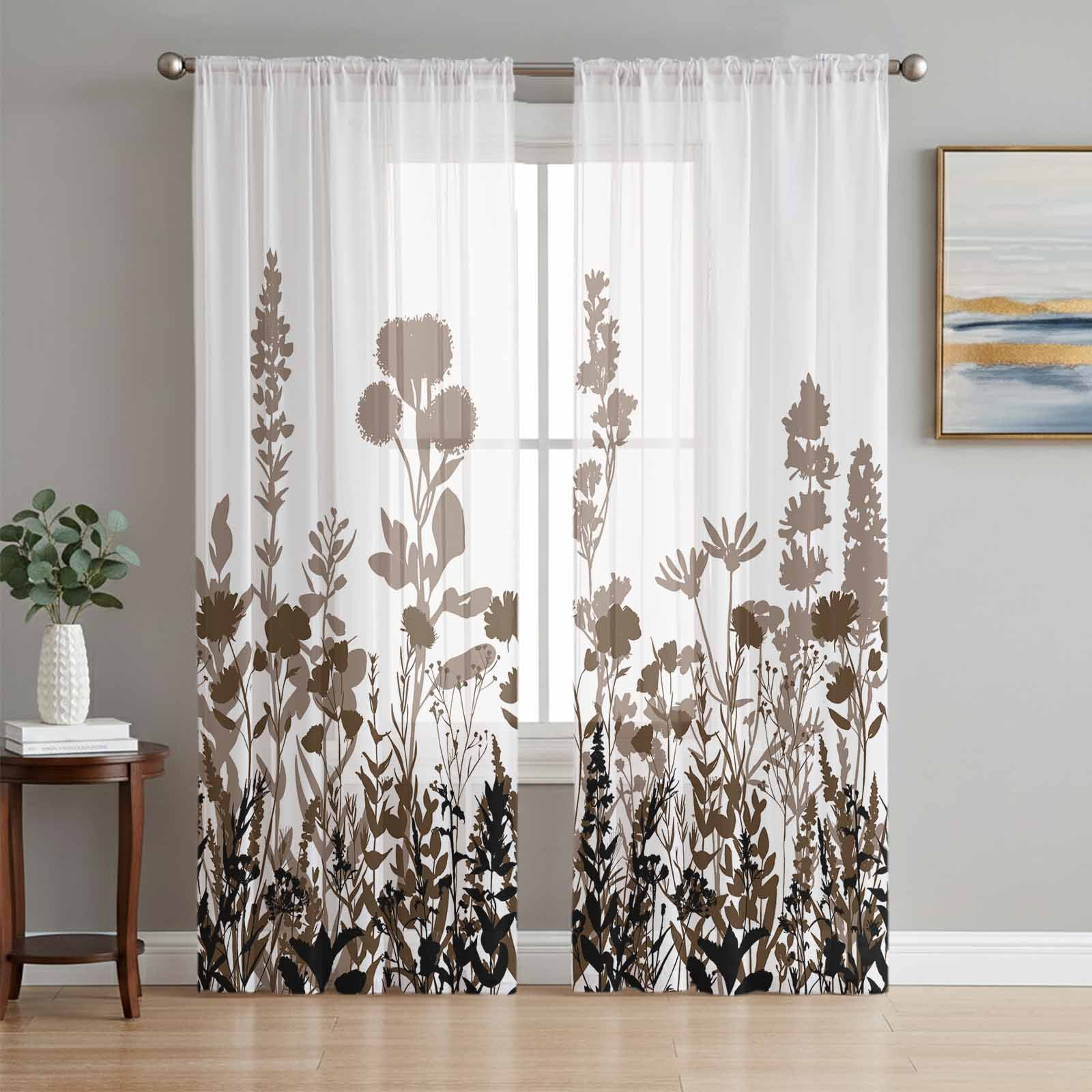 Brown Flowers Sheer Curtains 84 Inch Length 2 Panels Set, Vintage ...