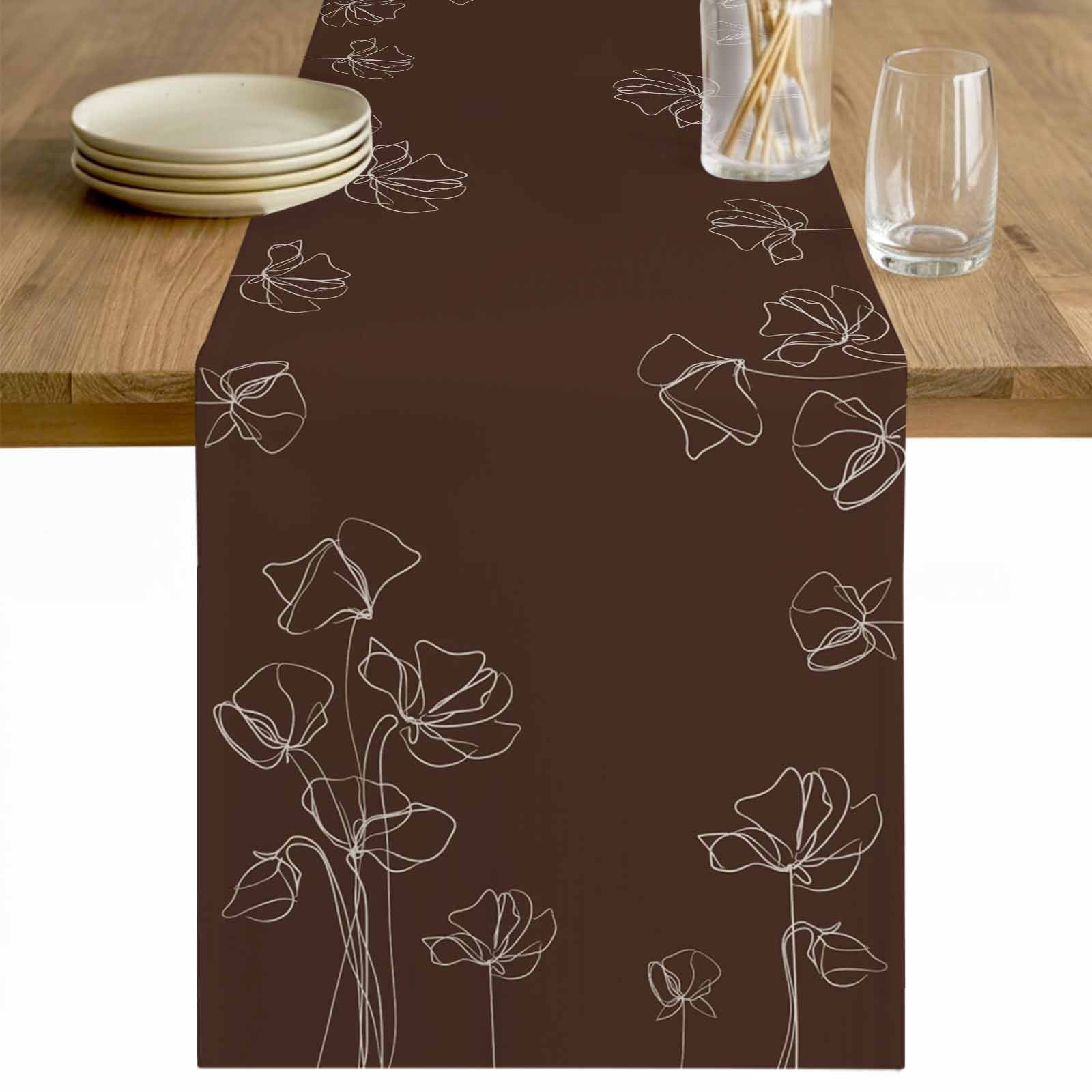 Brown Flowers Table Runner - 120 Inch Long Pastoral Abstract Floral ...