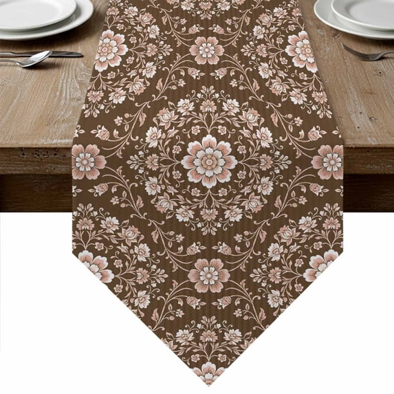 Brown Flowers Table Runner Linen Burlap Table Runner 48 Inches Long ...