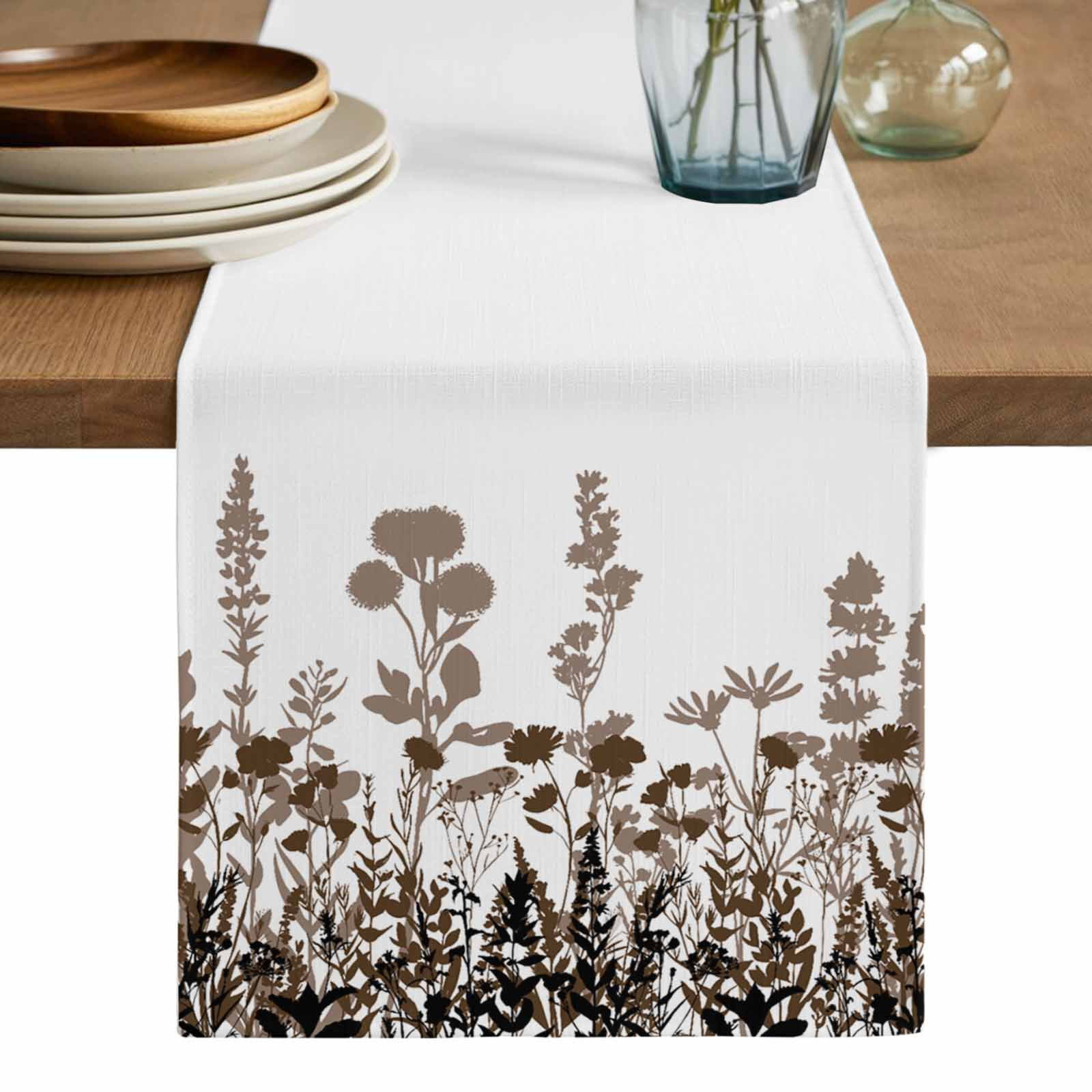Brown Flowers Table Runner, Vintage Country Spring Wild Floral Herbs ...