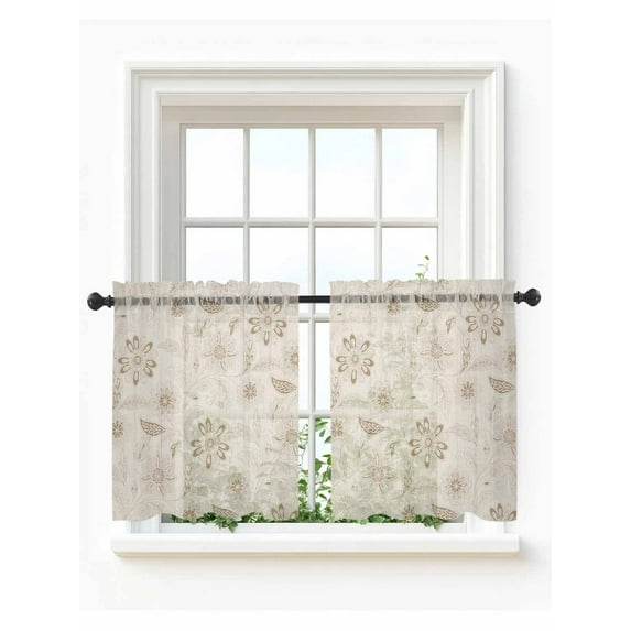 Brown Flowers Tier Curtains 36 Inch Length,Sheer Curtains for Bedroom ...