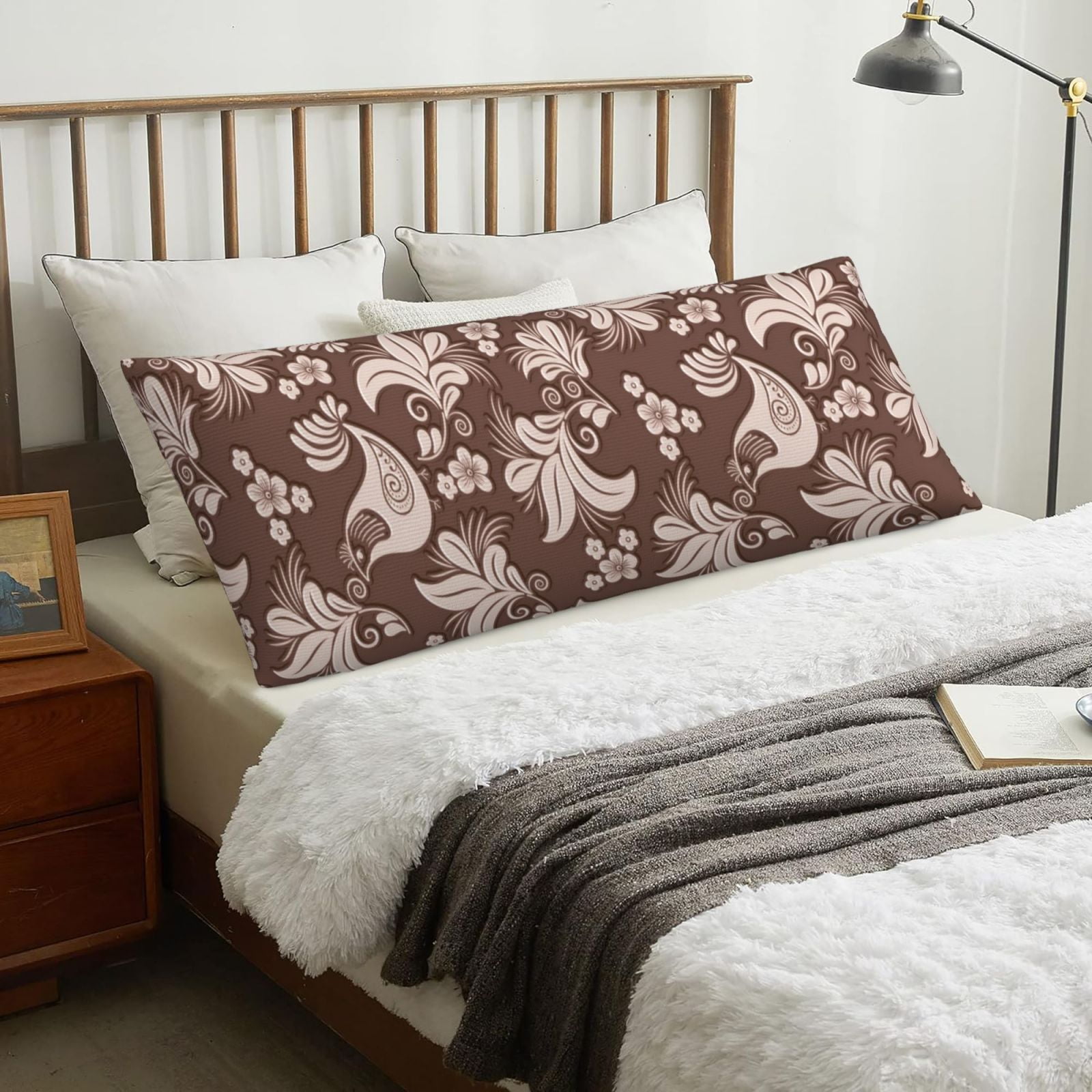 Brown Folk Bird Floral Pattern Body Pillow Cover, Printing Cooling Body ...