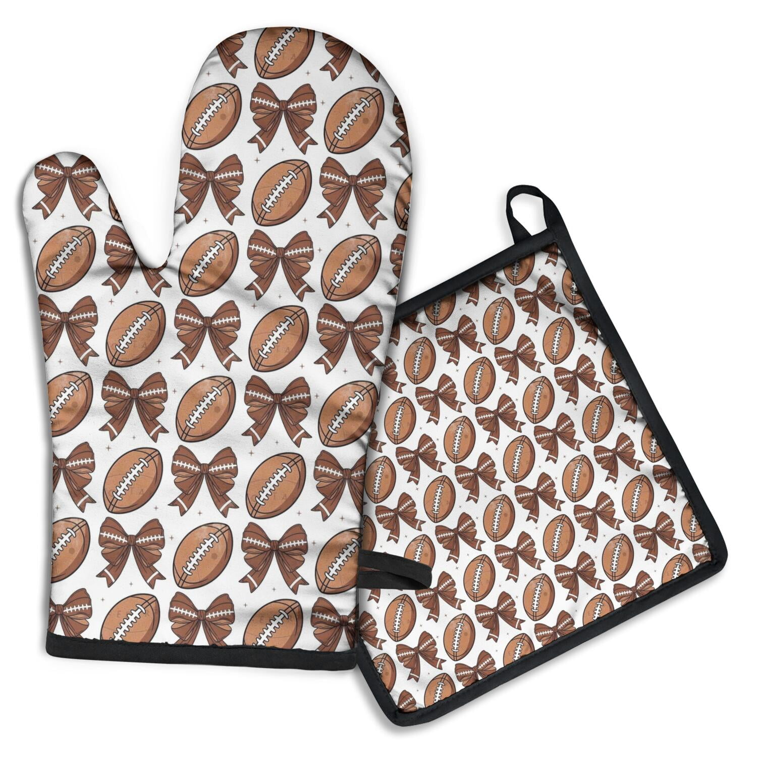 Brown Footballs and Bows Pattern Kitchen Oven Mitt and Pot Holder Sets ...
