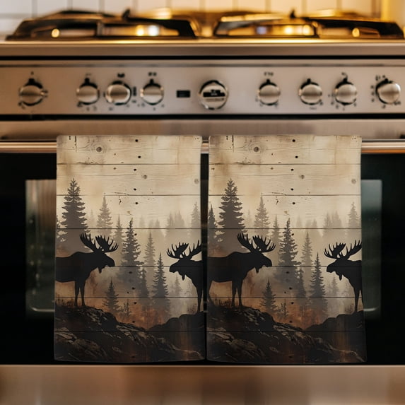 Brown Forest Kitchen Towels Set of 4, Deer Misty Pine Tree Plants ...