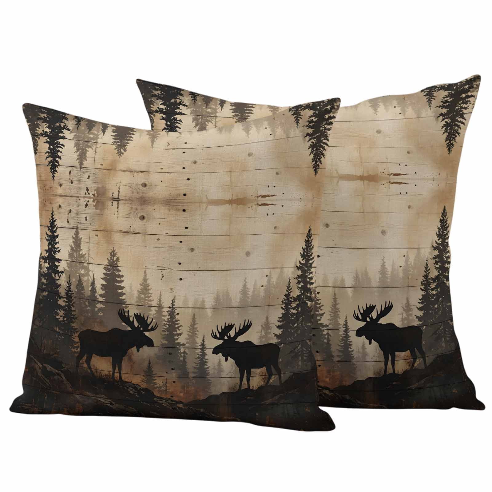 Brown Forest Outdoor Waterproof Pillow Covers, Deer Misty Pine Tree ...
