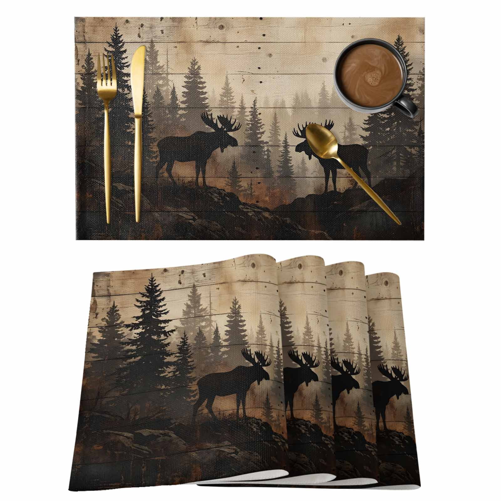 Brown Forest Placemats Set of 4 Deer Misty Pine Tree Plants Vintage ...