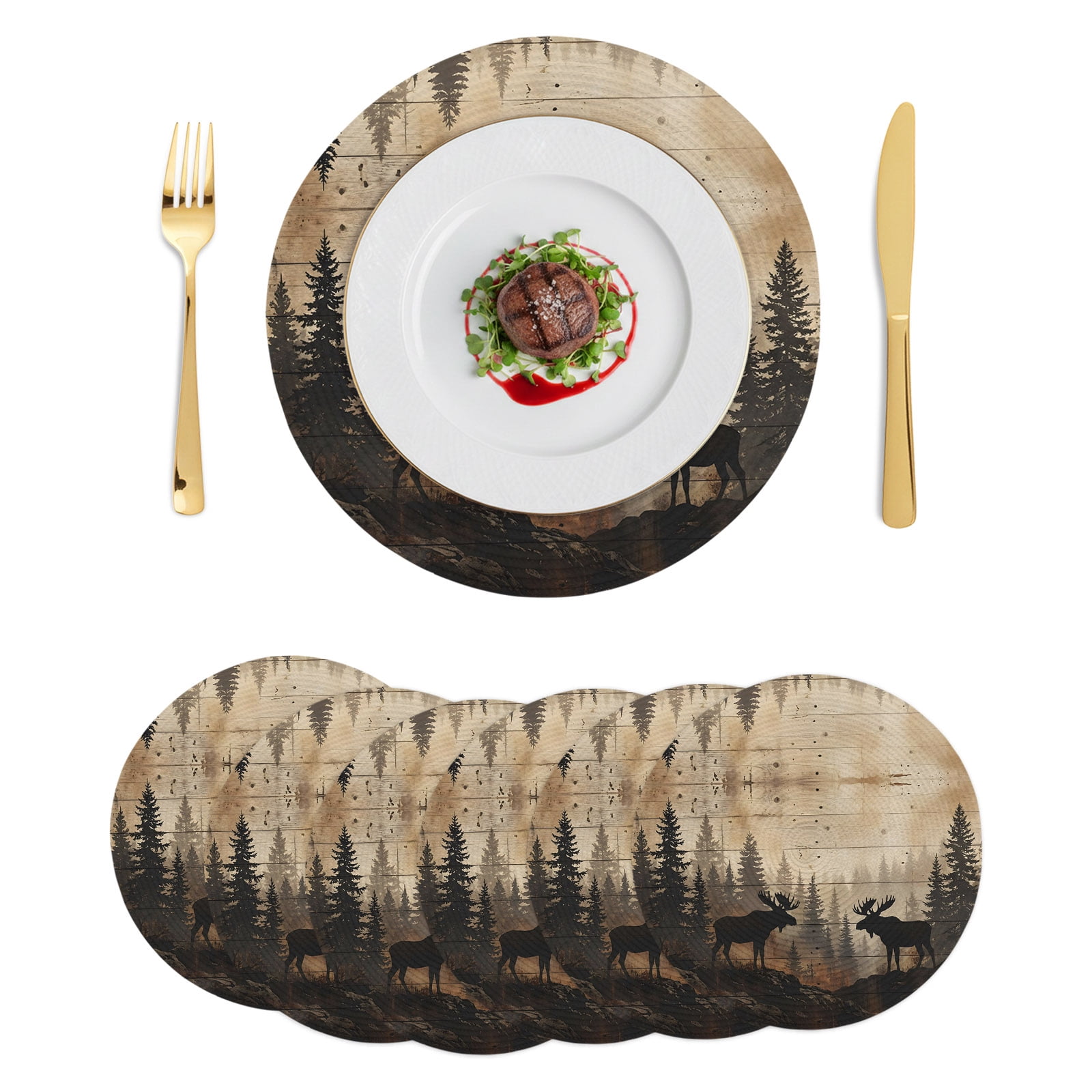Brown Forest Round Placemats Set of 6 Deer Misty Pine Tree Plants ...