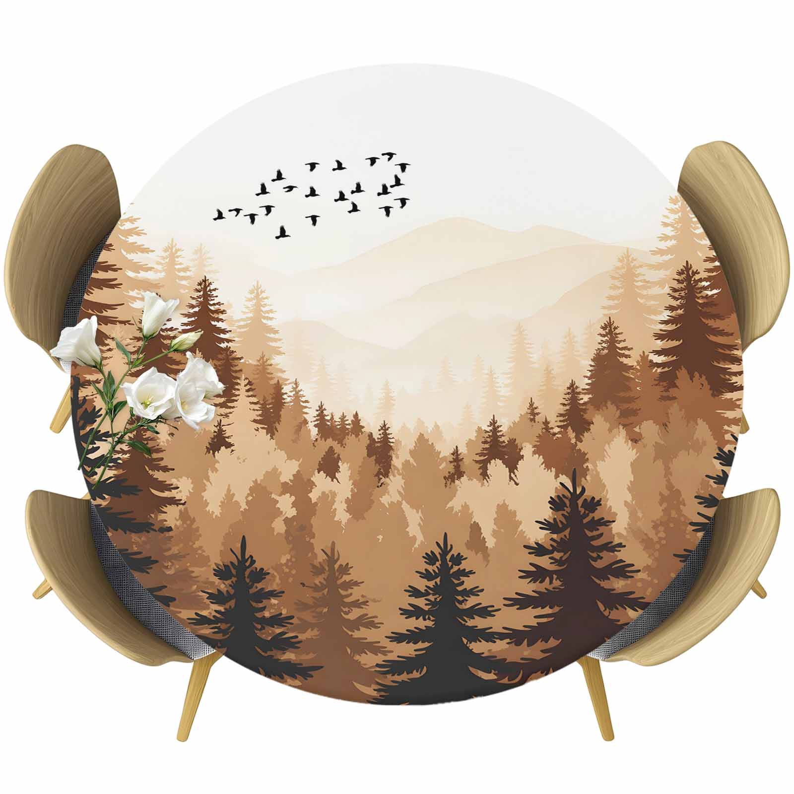 Brown Forest Round Tablecloth, Fitted Table Cover with Elastic for 36 ...