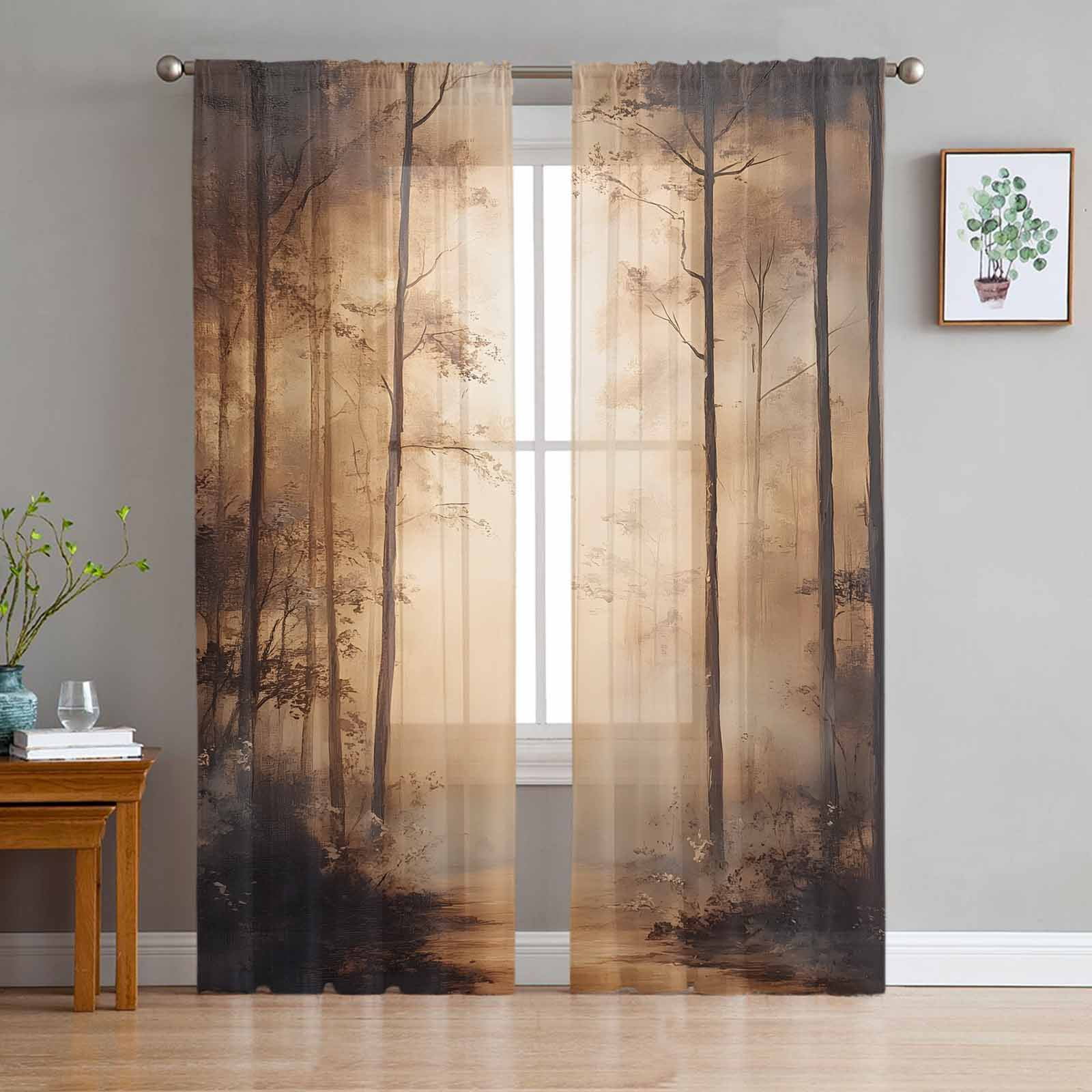 Brown Forest Sheer Curtains 63 Inch Length 2 Panels Set for Living Room ...