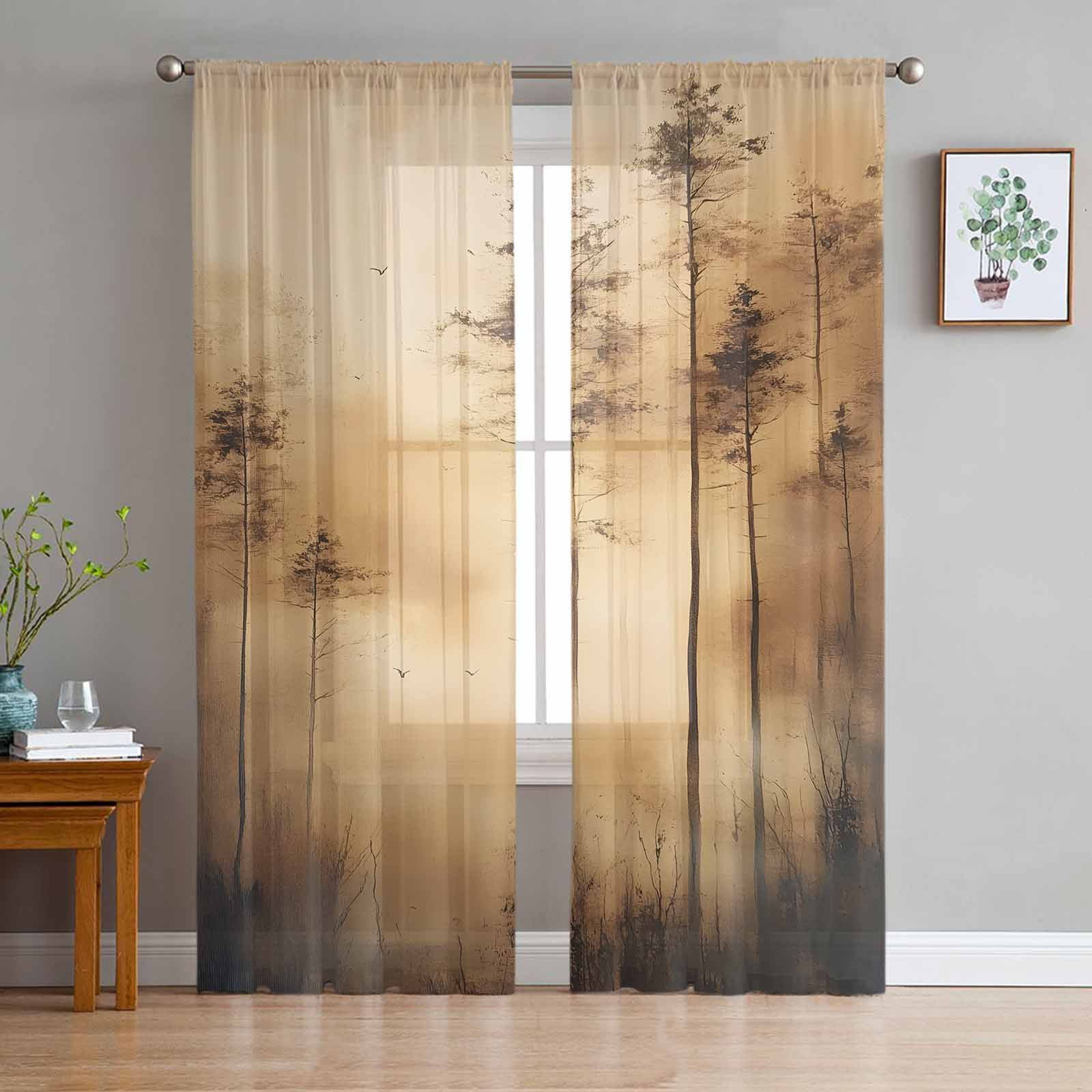 Brown Forest Sheer Curtains 63 Inch Length 2 Panels Set for Living Room ...