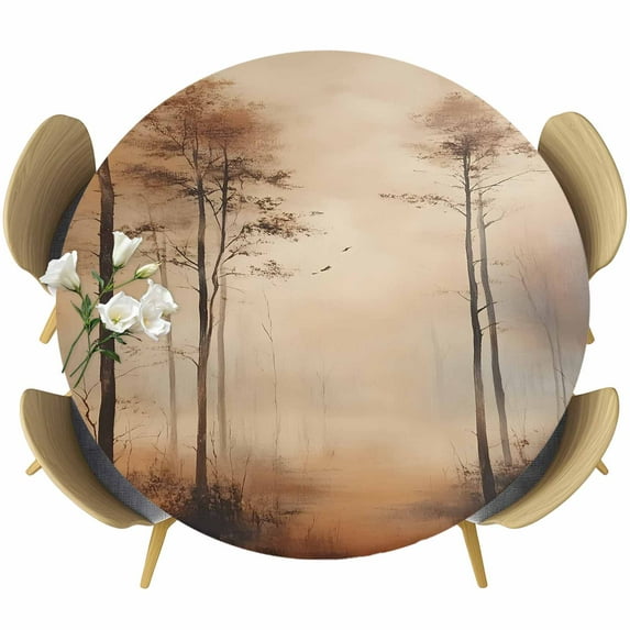 Brown Forest Table Cloth, Round Fitted Tablecloths with Elastic Edge ...