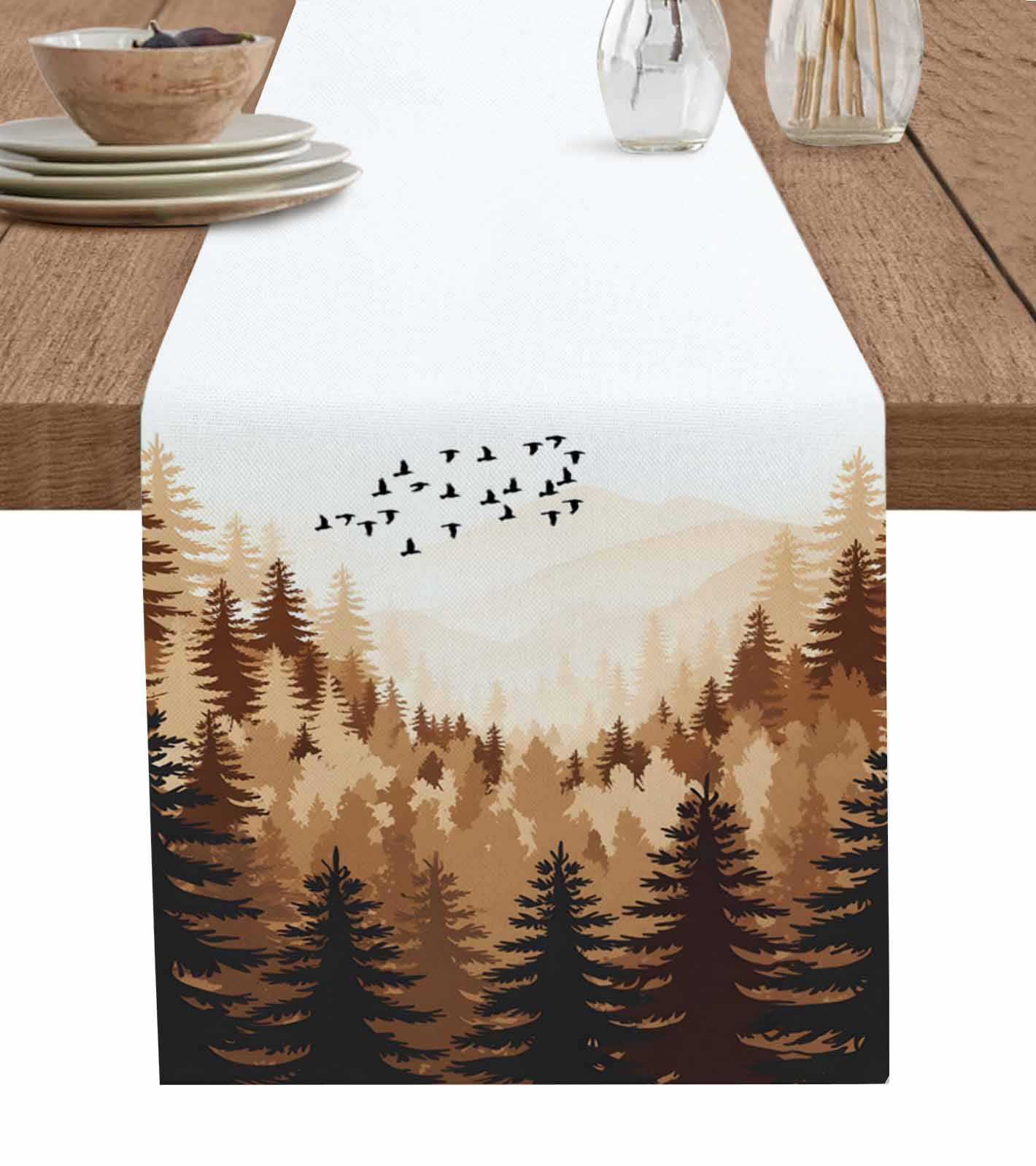 Brown Forest Table Runner 90 Inches, Farmhouse Retro Mountain Nature ...