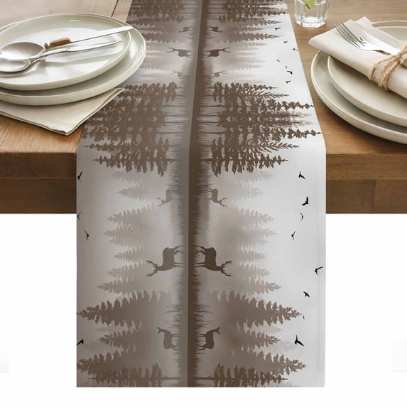Brown Forest Table Runner Pine Tree Raindeer Lake Misty Natural Scenery ...