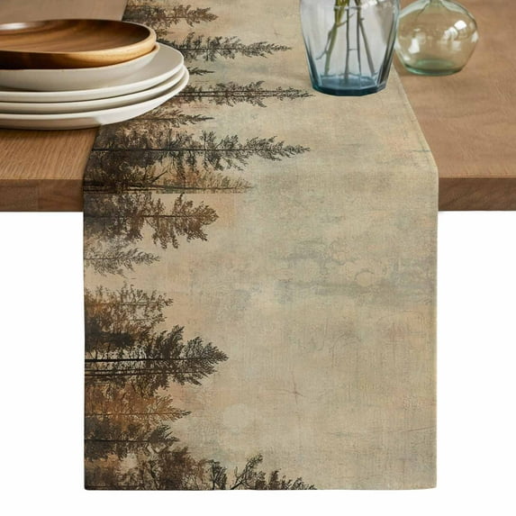 Brown Forest Table Runner, Vintage Tree Farmhouse Botanical Washable ...