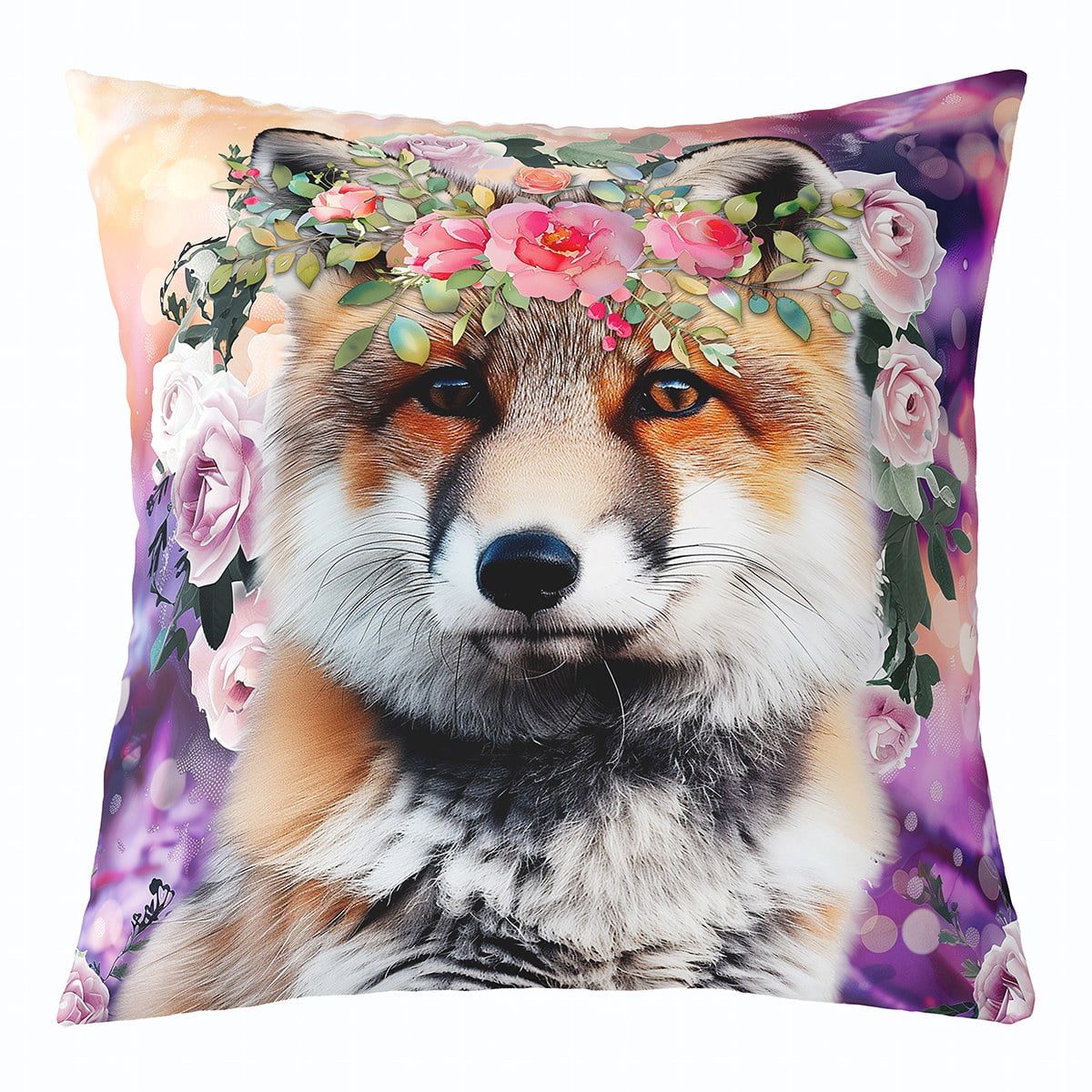 Brown Fox Pillow Cover 3D Wild Fox Throw Pillow Cover Colourful Floral ...