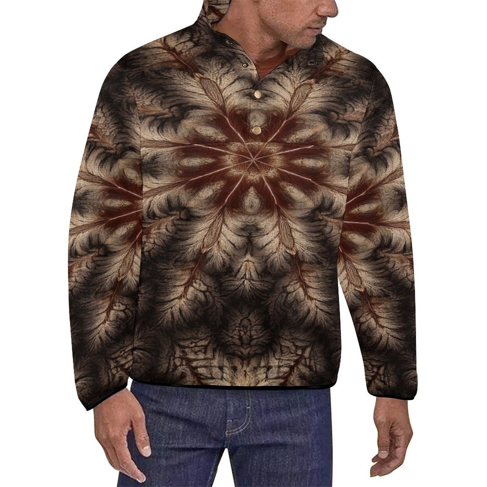 Brown Fractal Art Design Pattern Men's Stand Collar Sweater Long Sleeve ...