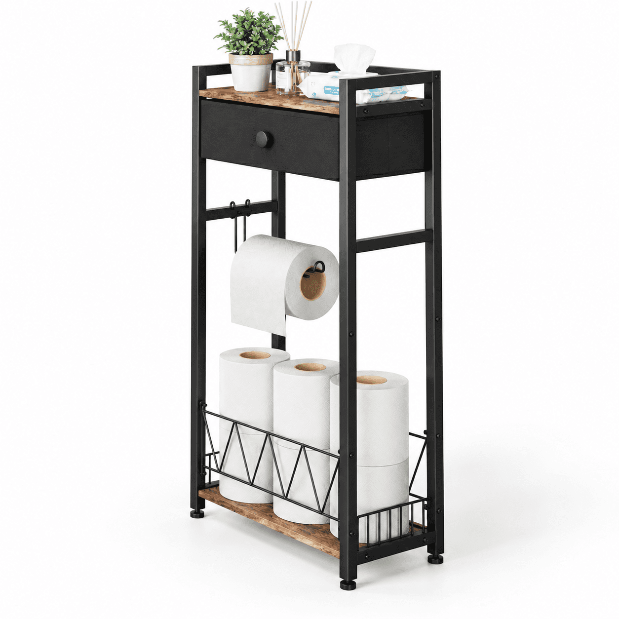 Brown Freestanding Toilet Paper Holder Stand with Storage Drawer and ...