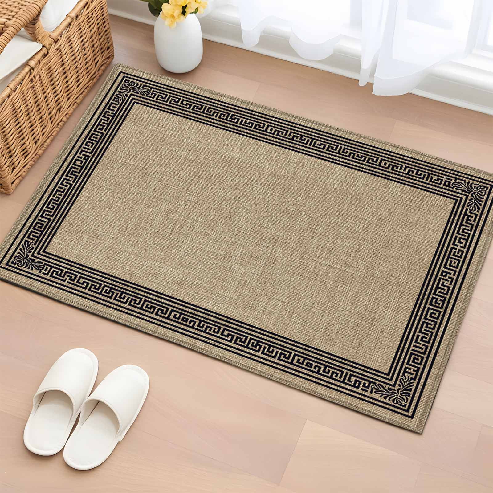 Brown Geometric 2x3 Door Mat Rug, Black Greek Key Design Burlap Modern ...