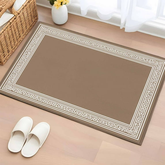 Brown Geometric 2x3 Door Mat Rug, White Greek Key Design Abstract ...