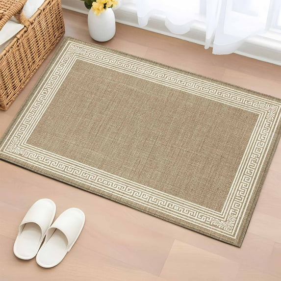 Brown Geometric 2x3 Door Mat Rug, White Greek Key Design Burlap Modern ...