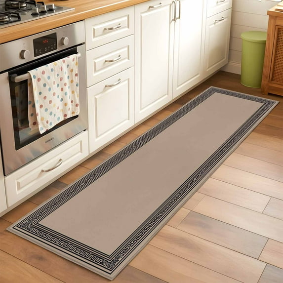 Brown Geometric 2x6 Kitchen Runner Rug, Black Greek Key Design Abstract ...