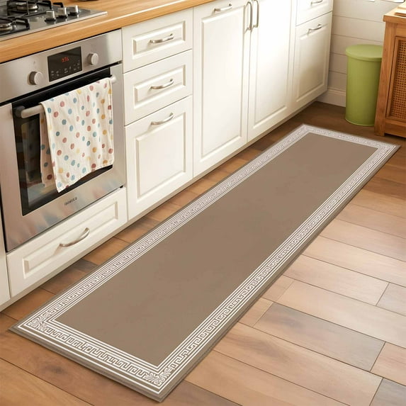 Brown Geometric 2x6 Kitchen Runner Rug, White Greek Key Design Abstract ...