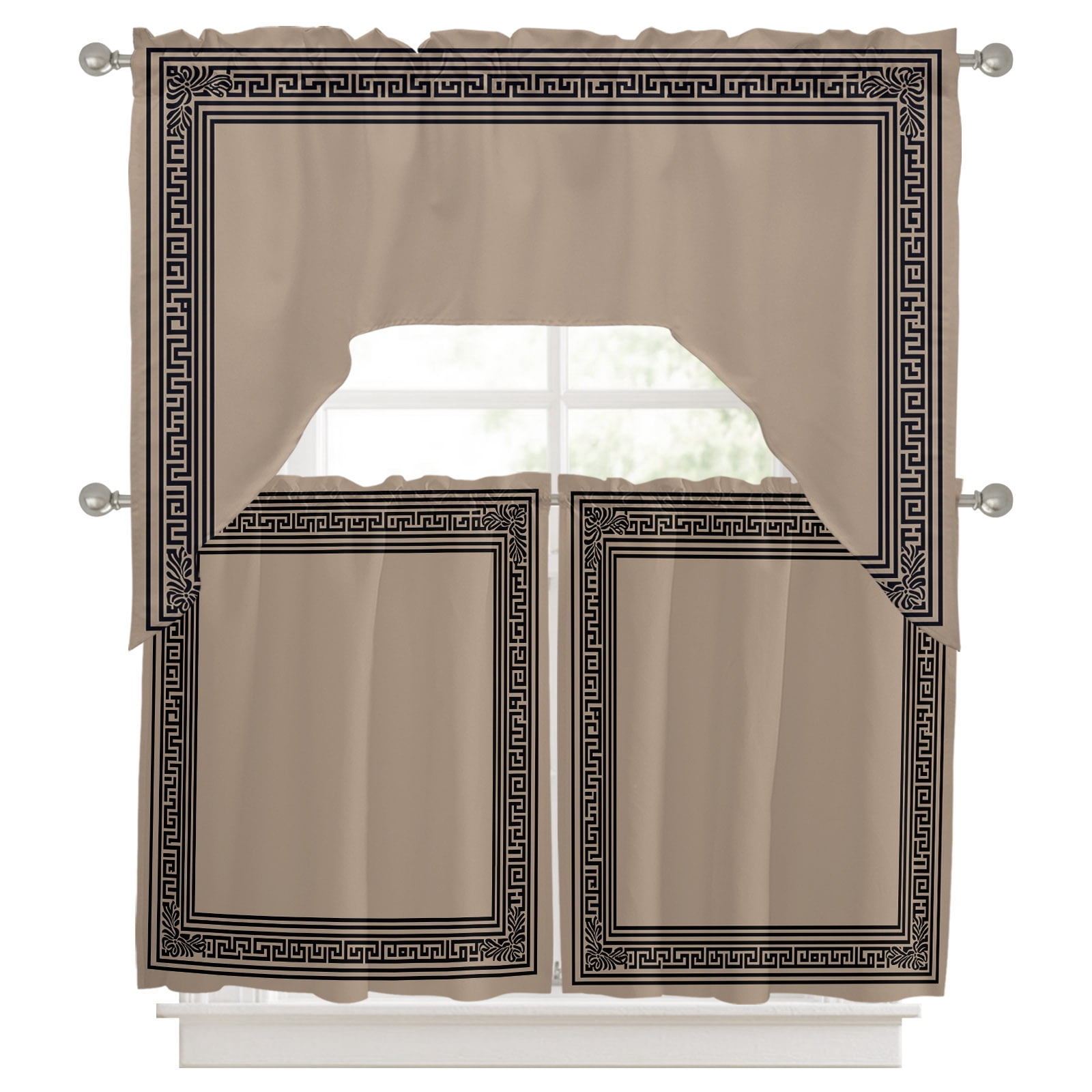 Brown Geometric 3 Pieces Swag Kitchen Curtains Set, Black Greek Key ...
